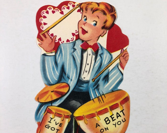 Vintage Boy Valentine Greeting Card - Boy Playing Drums, “i’ve Got A ...