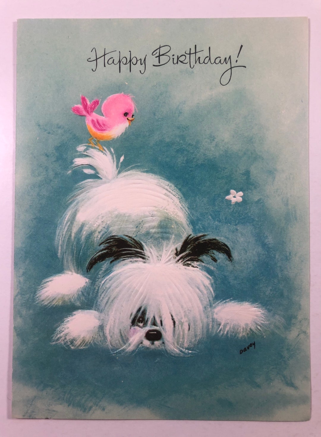 Vintage Dog Greeting Card - Puppy With Pink Bird on Tail, Birthday ...