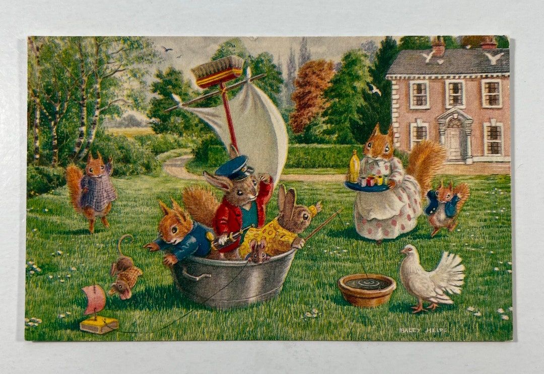 Vintage Anthropomorphic Bunny & Animals Postcard - Bunnies in Sailboat ...