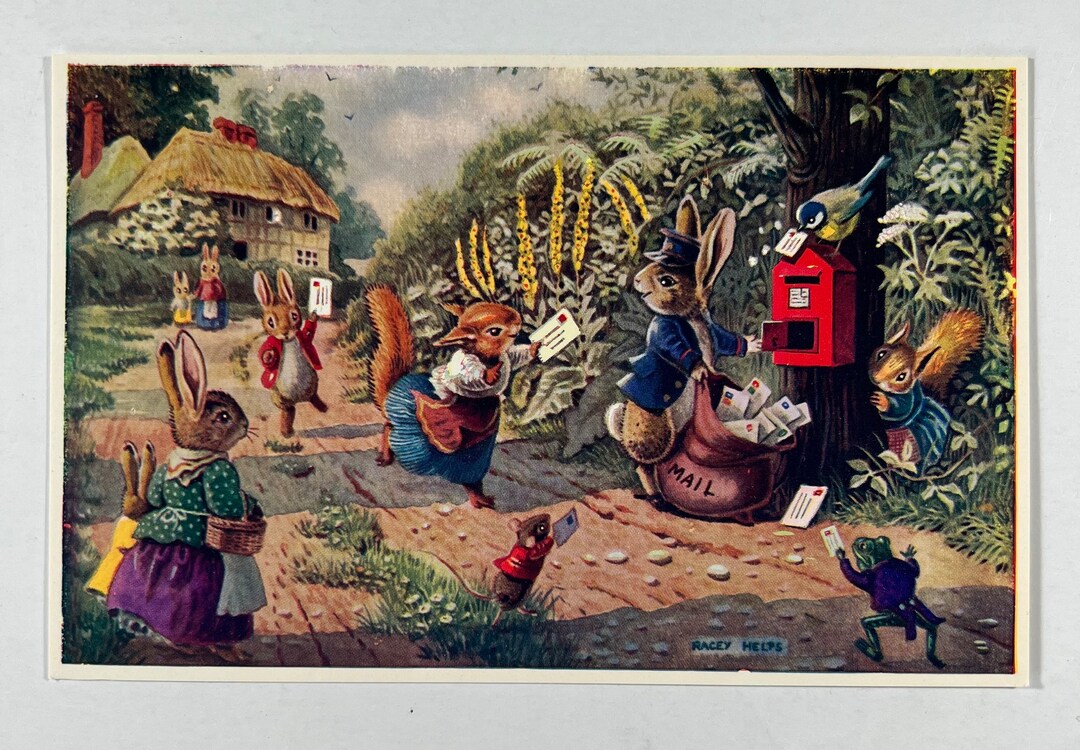Vintage Anthropomorphic Bunny & Animals Postcard Squirrel Giving Mail ...