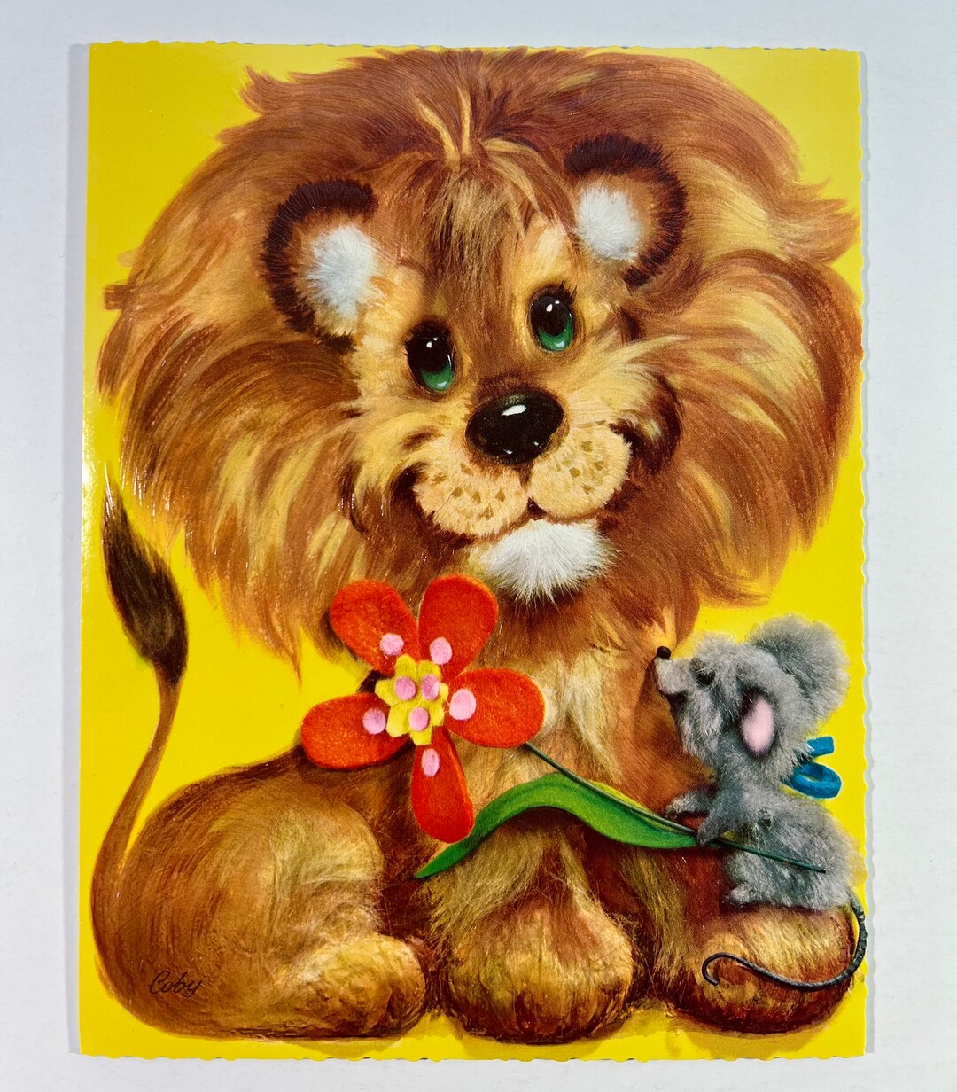 Vintage Lion Coby Greeting Card - Lion, Mouse and Flower, Unused - Etsy
