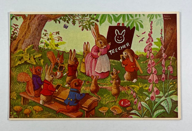 Vintage Anthropomorphic Bunnies & Animals Postcard Bunny Teaching, Who ...