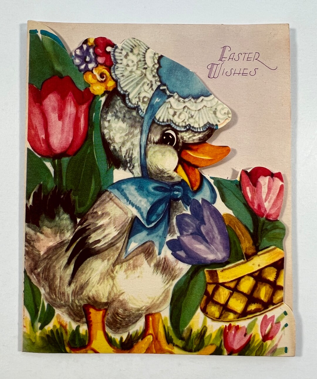 Vintage Duck Greeting Card - Duck Holding Basket of Tulip Flowers - Etsy