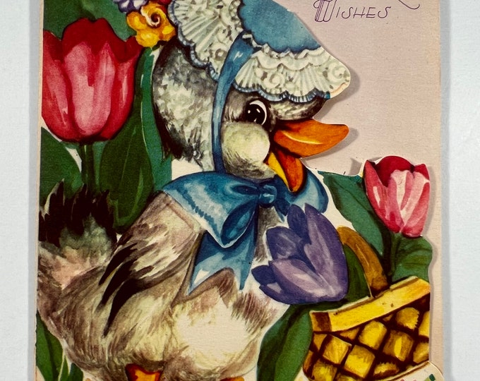 Vintage Duck Greeting Card - Duck Holding Basket of Tulip Flowers - Etsy