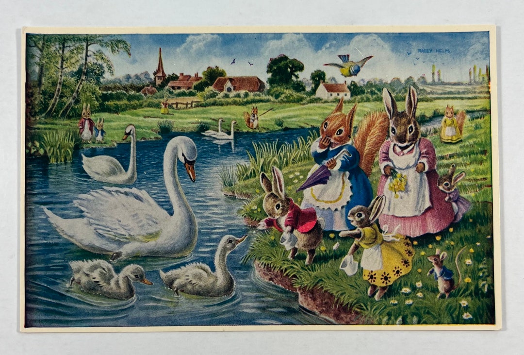 Vintage Anthropomorphic Bunnies & Animals Postcard - Bunny Feeding Swan ...