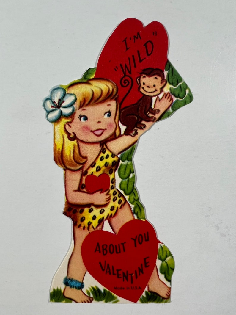Vintage Girl & Monkey Jungle Valentine Greeting Card im - Etsy