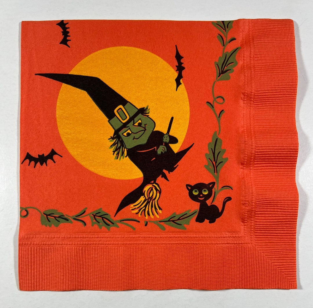 Vintage Witch Halloween Paper Napkin Witch With Broom, Black Kitty Cat ...
