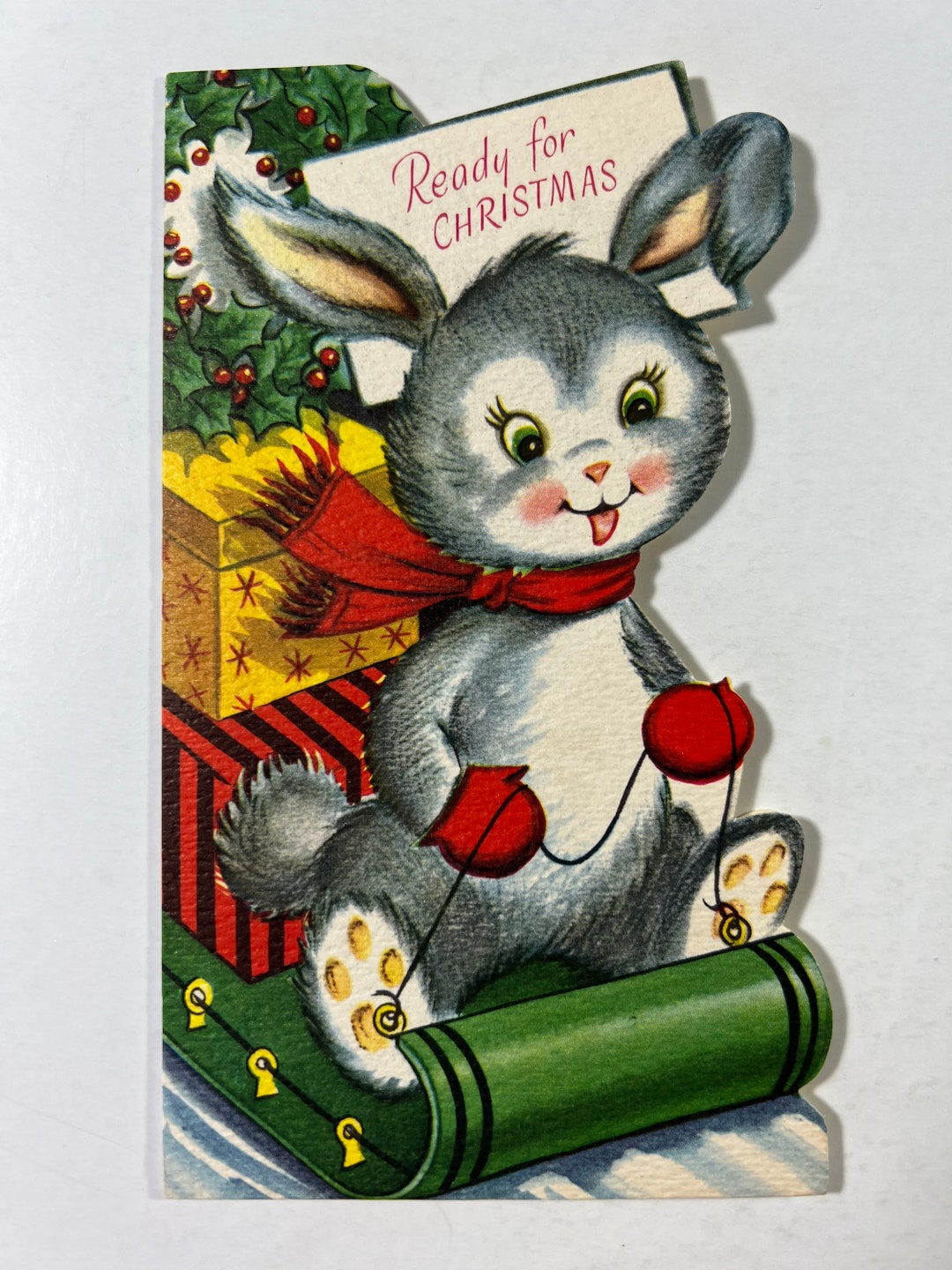 Vintage Bunny Christmas Greeting Card - Bunny Sledding With Xmas ...