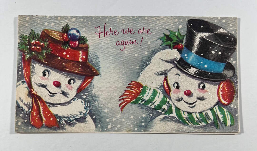 Vintage Snowman Glitter Christmas Greeting Card - Anthropomorphic ...
