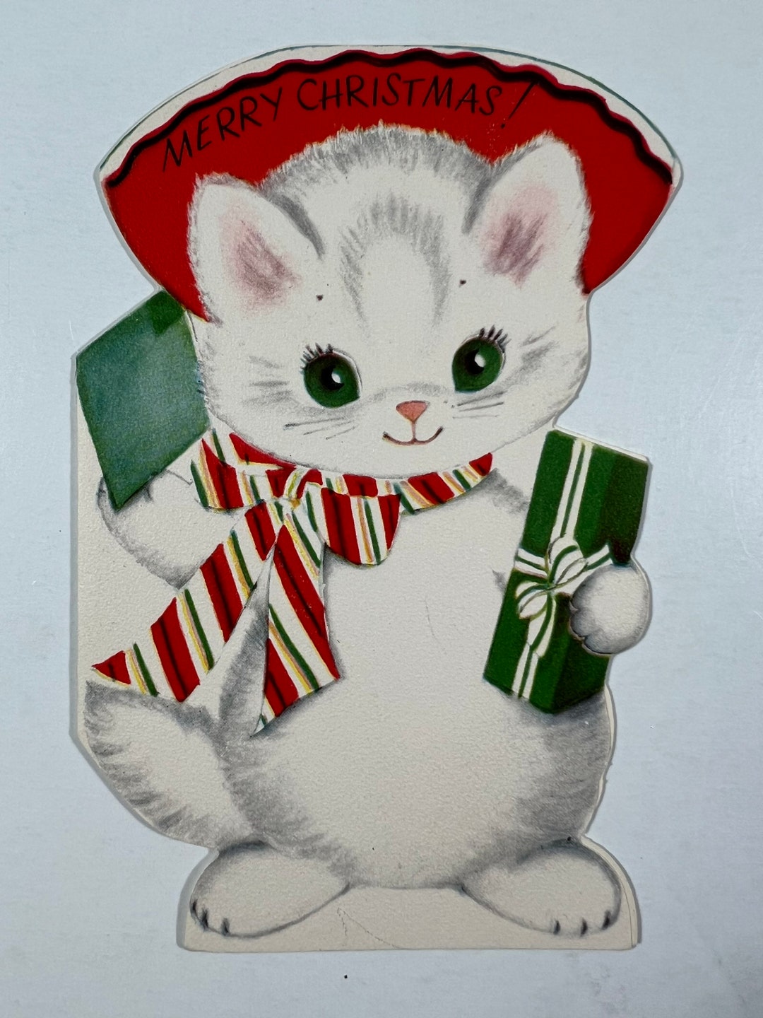Vintage Cat Rust Craft Christmas Greeting Card White Kitty Cat Holding Xmas Present - Etsy