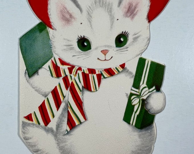 Vintage Cat Rust Craft Christmas Greeting Card White Kitty Cat Holding ...