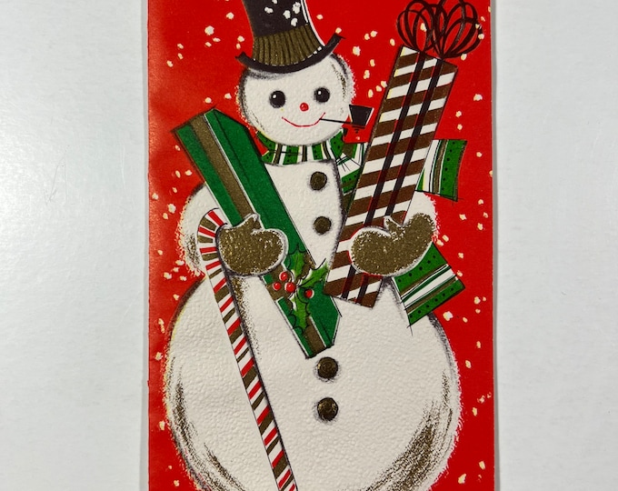 Vintage Snowman Christmas Greeting Card - Snowman Holding Xmas Presents ...