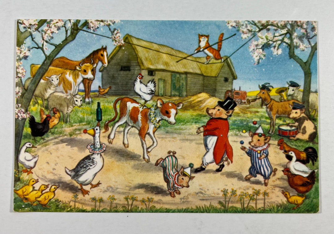 Vintage Anthropomorphic Animals Postcard - Farm Animals, the Farmyard ...