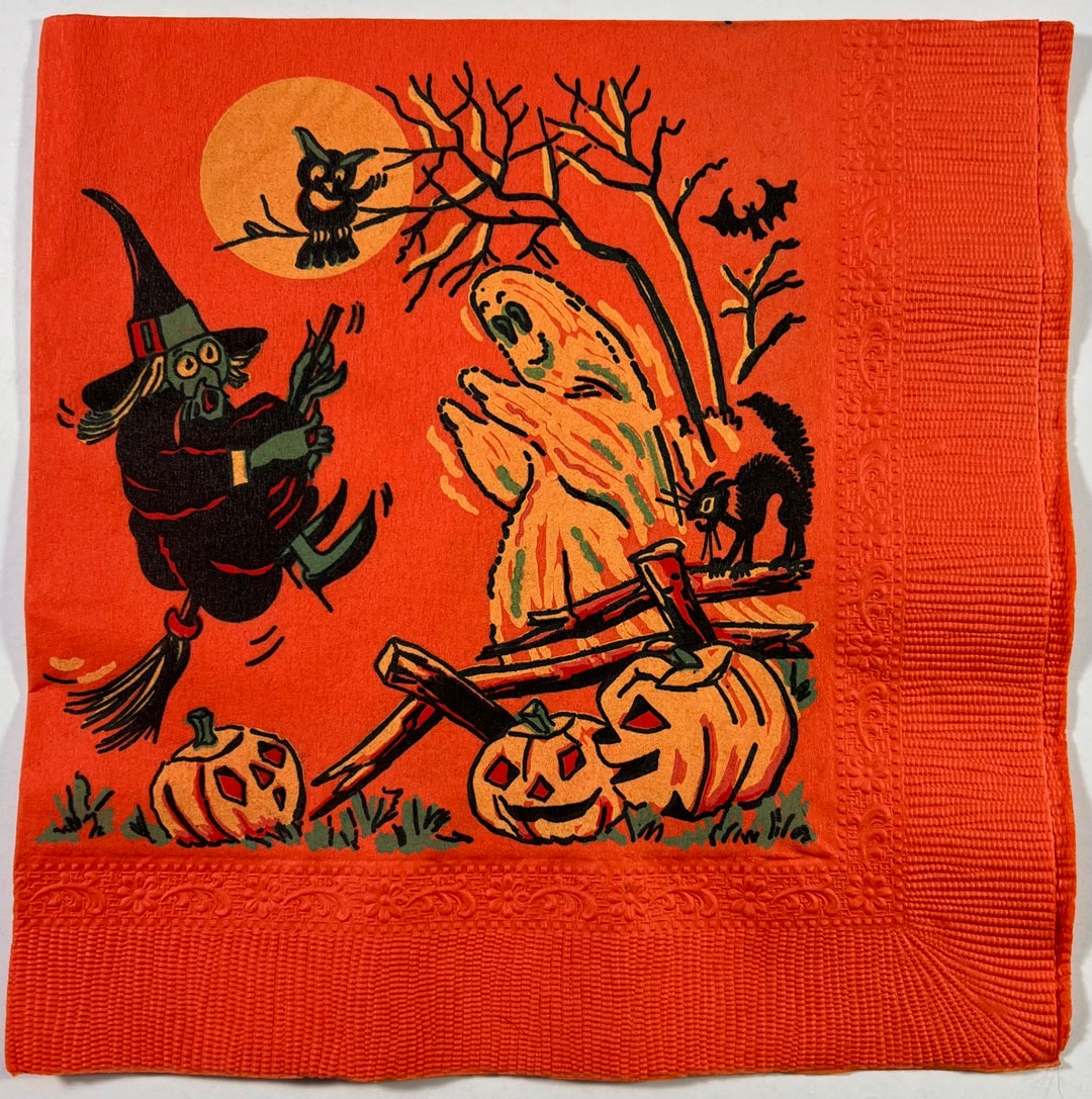 Vintage Witch, Ghost, Black Cat Halloween Paper Napkin Witch With Broom ...