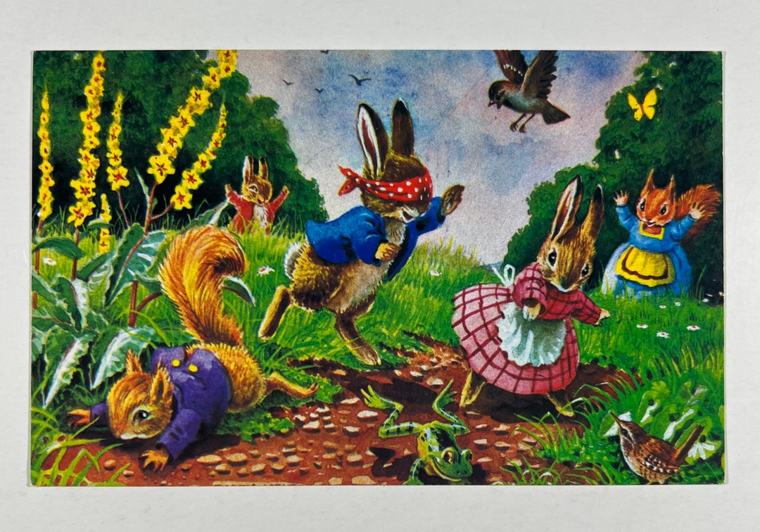 Vintage Anthropomorphic Bunnies & Animals Postcard - Bunny Blindfolded ...
