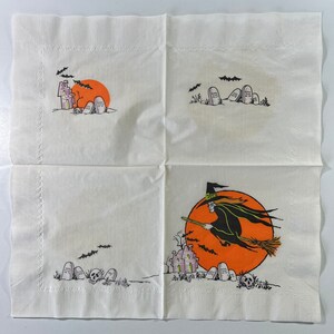 Vintage Witch Halloween Paper Napkin - Witch Flying on Broom Over ...