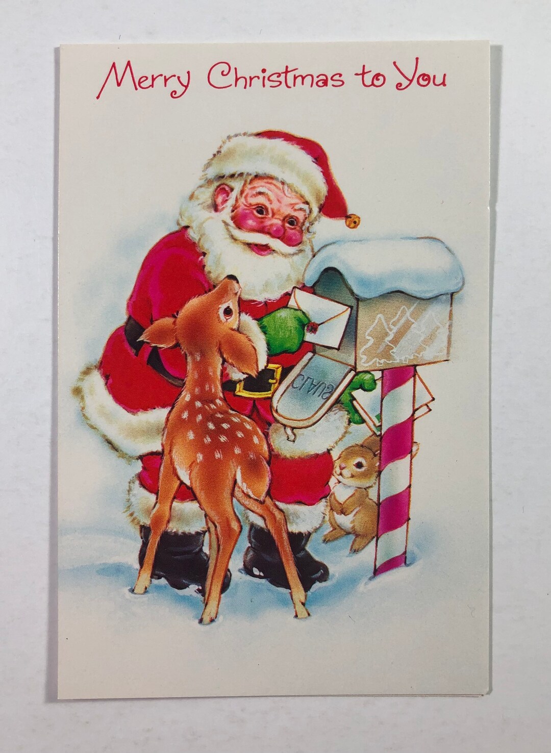 Vintage Santa & Deer Paramount Christmas Greeting Card Santa, Deer, and ...