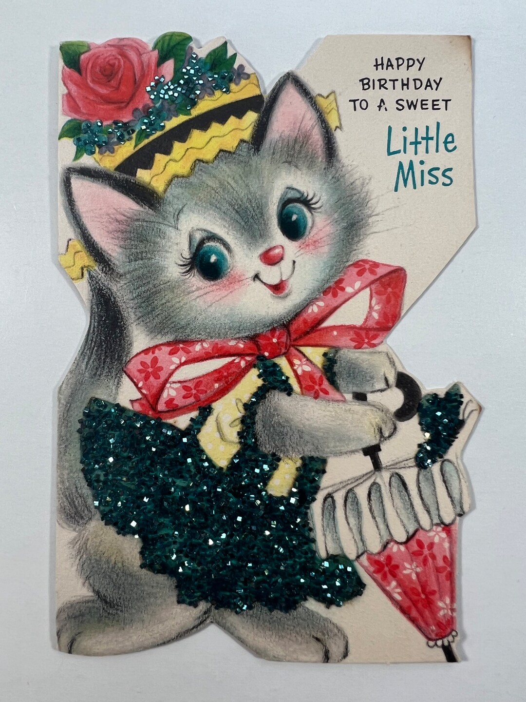 Vintage Cat Glitter Birthday Hallmark Greeting Card - Kitty Cat Wearing ...