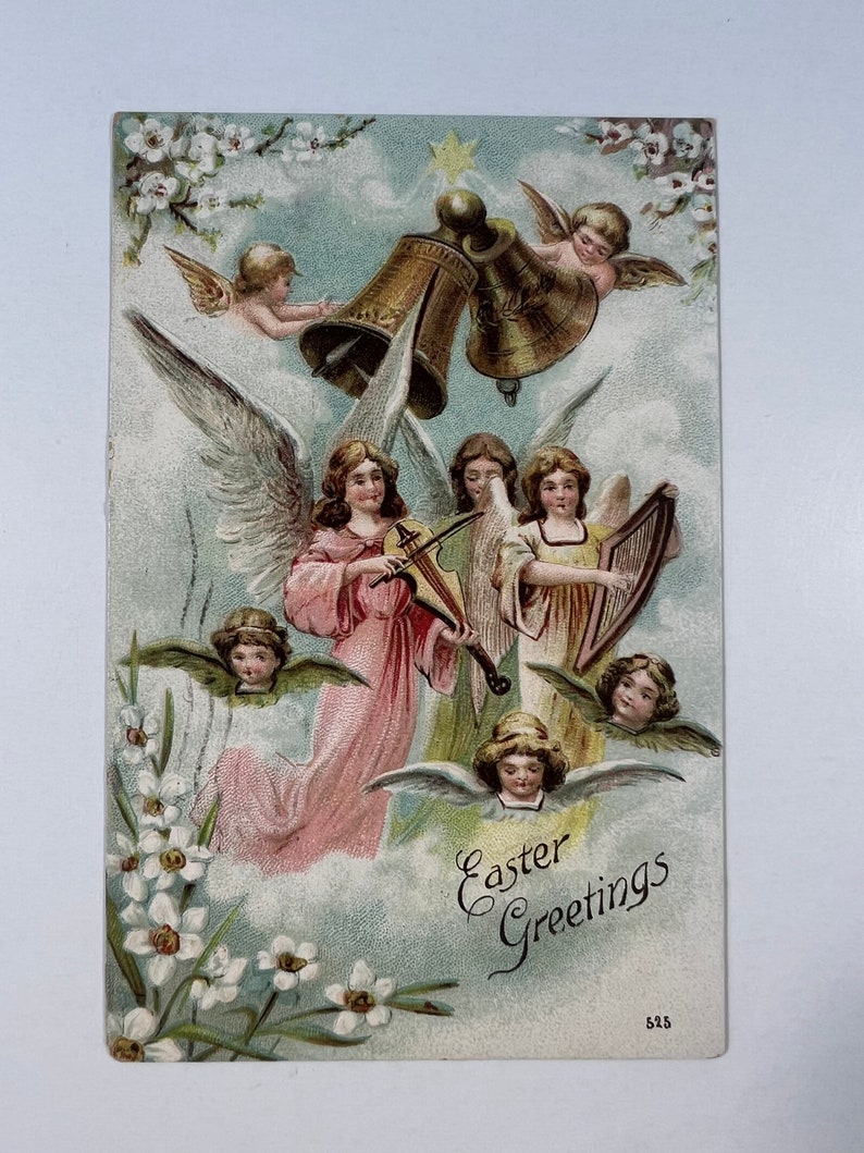 Vintage Angel Easter Postcard Angels With Belle & Instruments, White ...