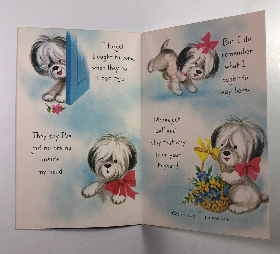 Vintage Shaggy Dog Greeting Card - Dog With Yellow Bow & Bone - Etsy