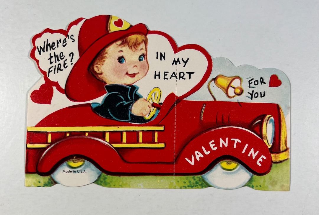 Vintage Firefighter Driving Firetruck Valentine Greeting Card wheres ...