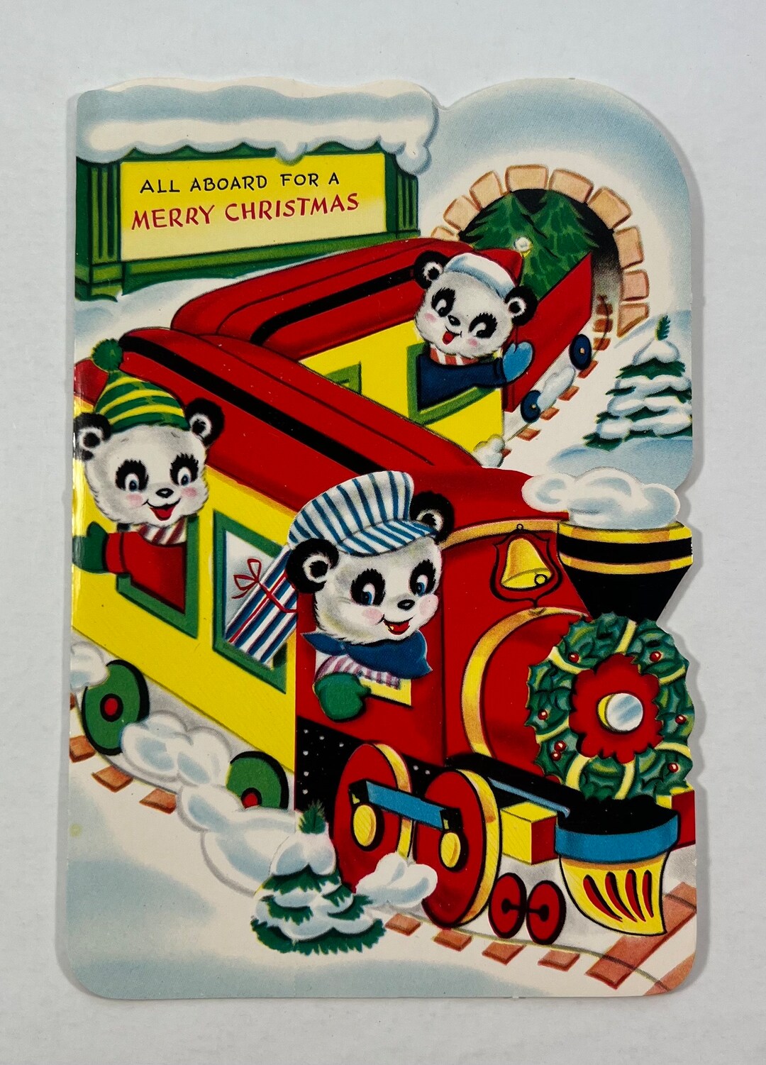Vintage Panda Christmas Greeting Card - Panda Bears in Train, Xmas ...