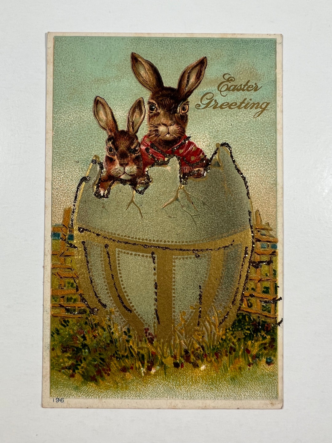 Vintage Anthropomorphic Bunny Glitter Easter Postcard Bunnies in Easter ...