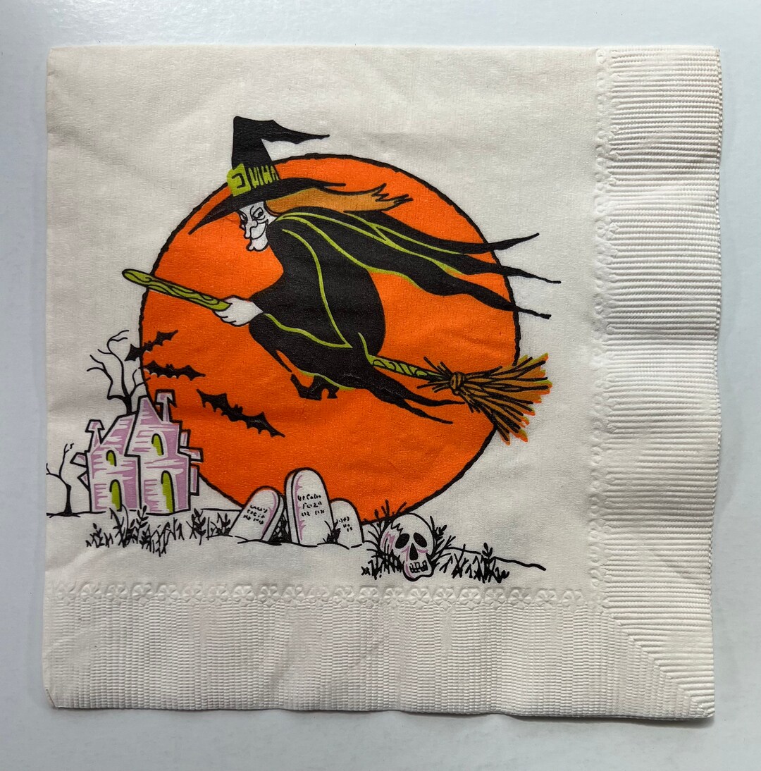 Vintage Witch Halloween Paper Napkin - Witch Flying on Broom Over ...
