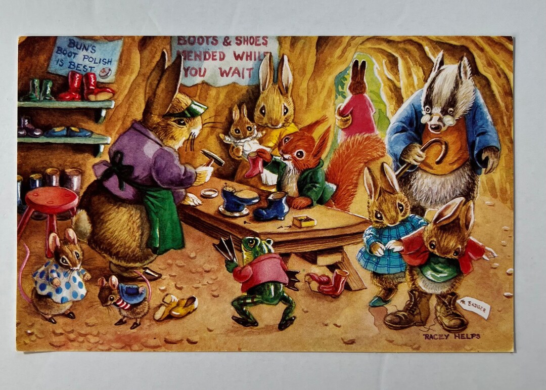 Vintage Anthropomorphic Bunnies & Animals Postcard - Bunny Fixing Shoes ...