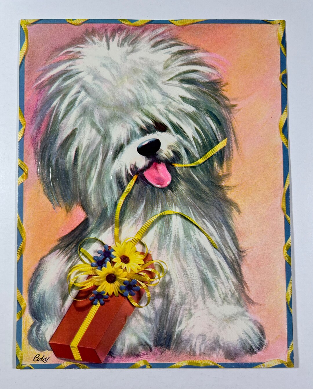 Vintage Coby Greeting Card - White Shaggy Dog With Present, Flowers - Etsy