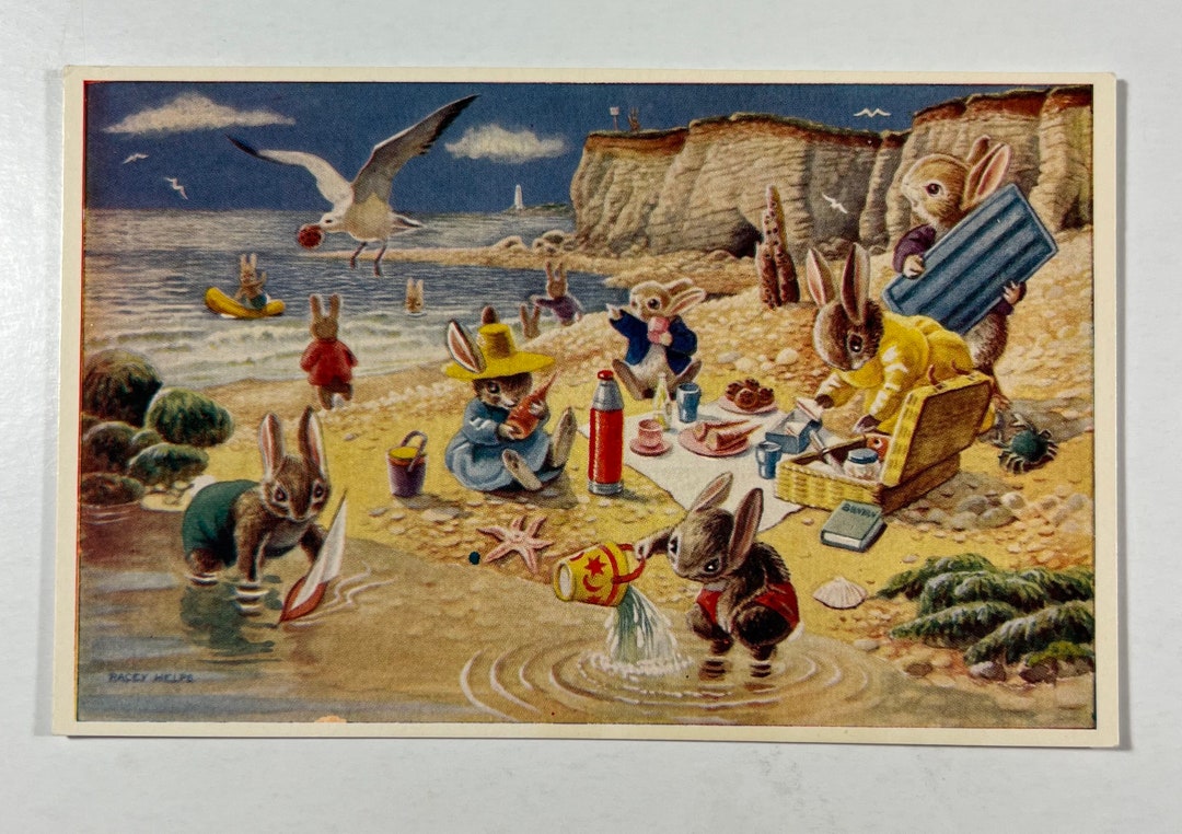 Vintage Anthropomorphic Bunny & Animals Postcard - Bunnies Playing at ...
