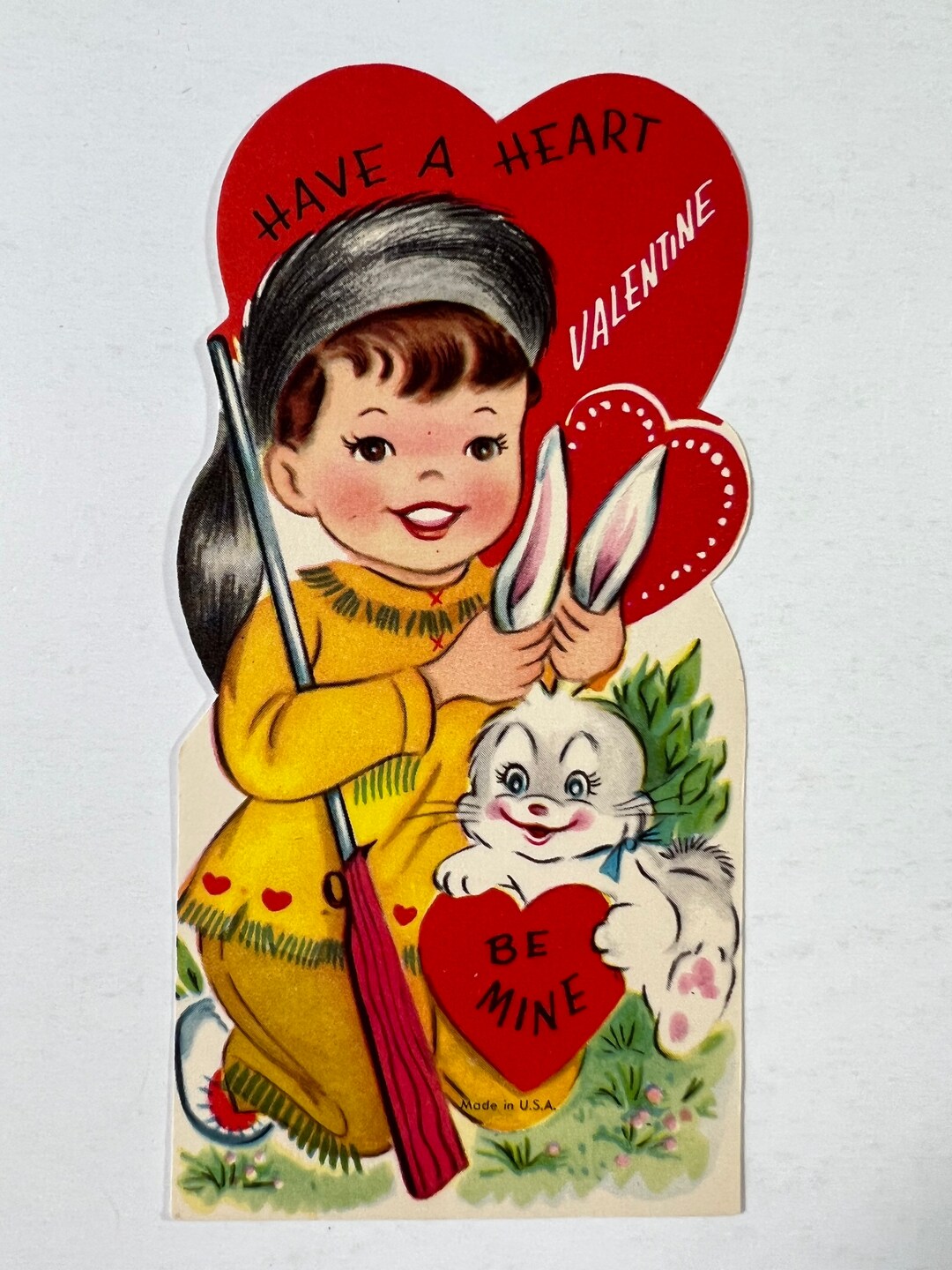 Vintage Hunter & Bunny Valentine Greeting Card Hunter Boy Holding Bunny ...