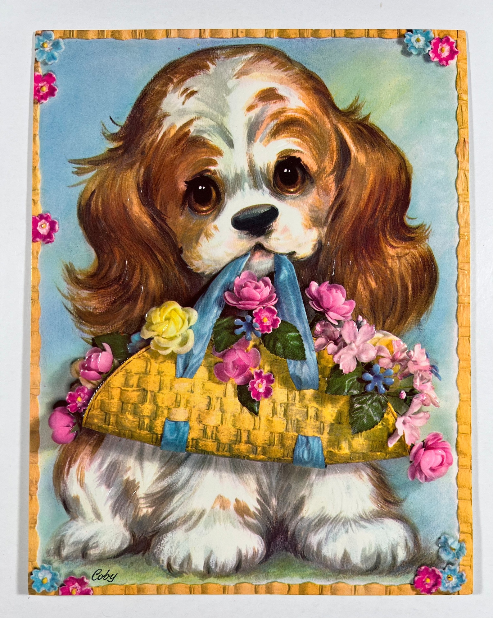 Vintage Dog Coby Greeting Card - Puppy Holding Basket of Flowers - Etsy