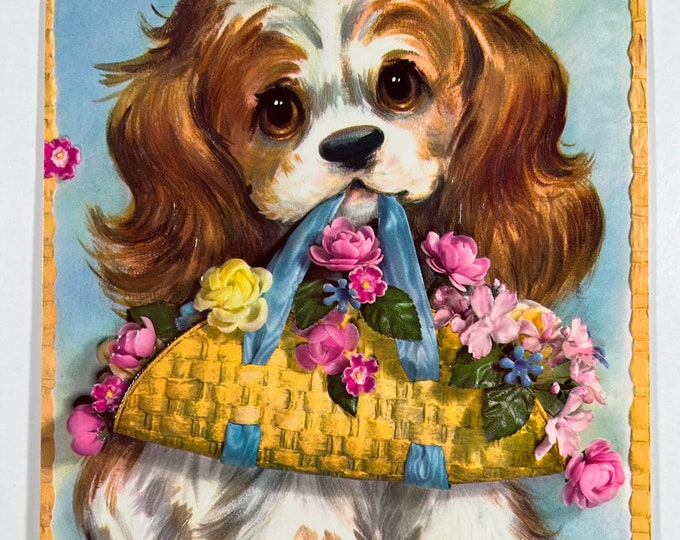 Vintage Dog Coby Greeting Card - Puppy Holding Basket of Flowers - Etsy