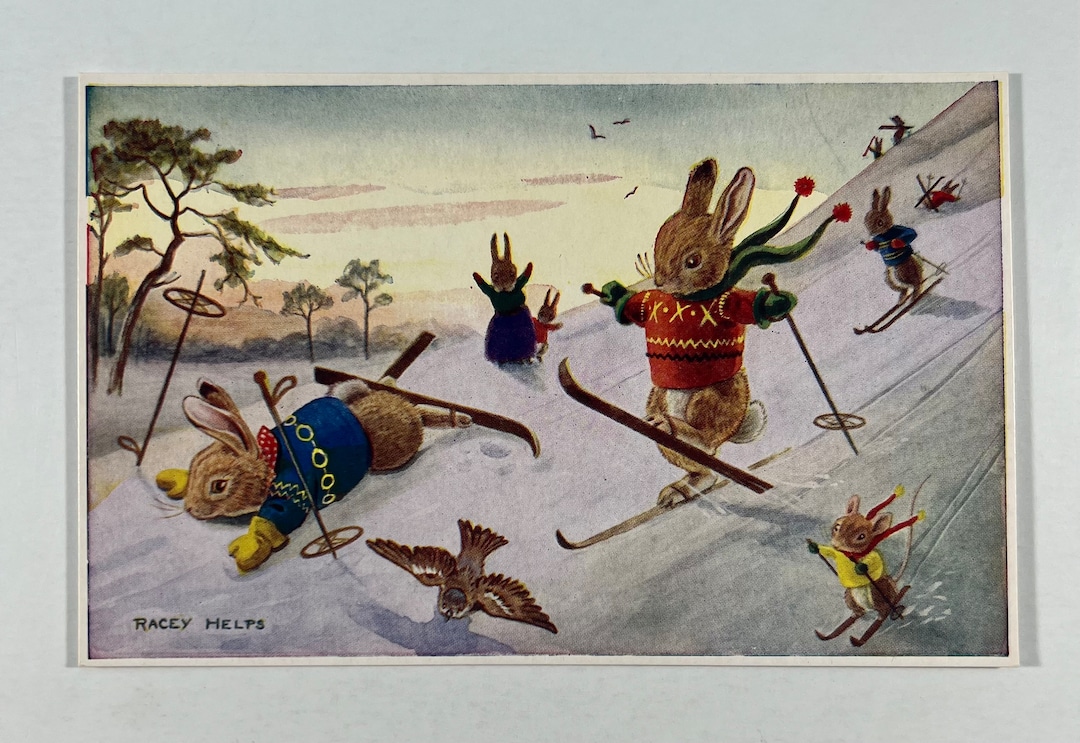 Vintage Anthropomorphic Bunny & Animals Postcard - Bunnies Skiing, Fun ...