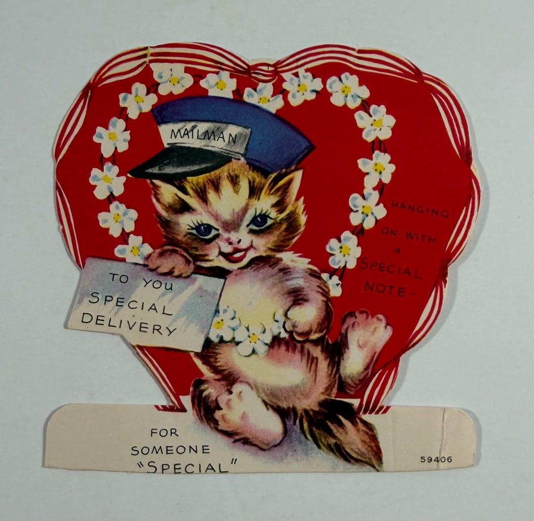 Vintage Cat Mailman Valentine Greeting Card - Kitty Cat Carrying Mail ...
