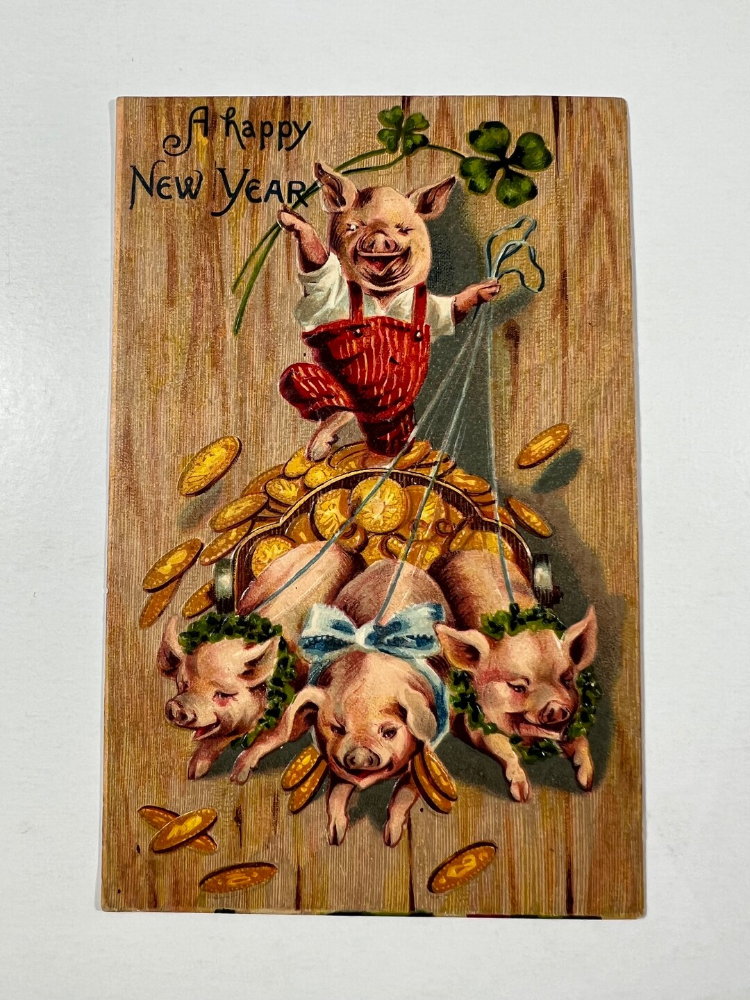 Vintage Anthropomorphic Pig New Year’s Postcard - Pigs Pulling Cart of ...
