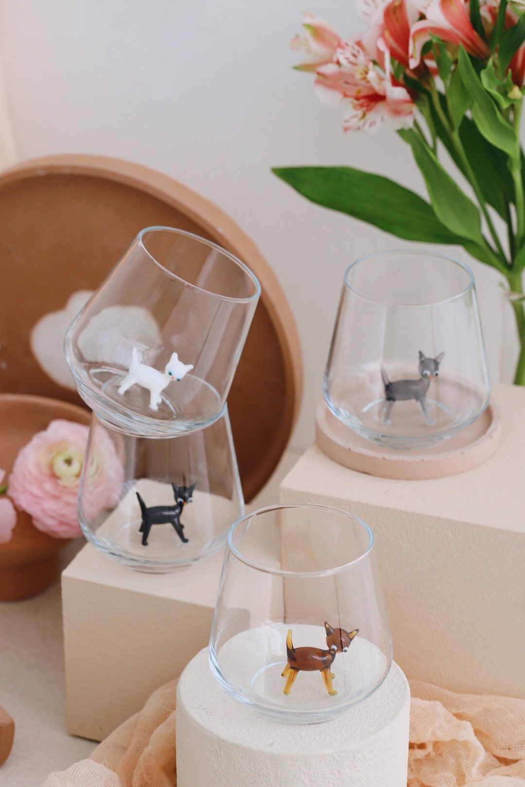 Cat Drinking Glass Set of 4, Animal, Cute Glass Cup, Handmade Cat ...