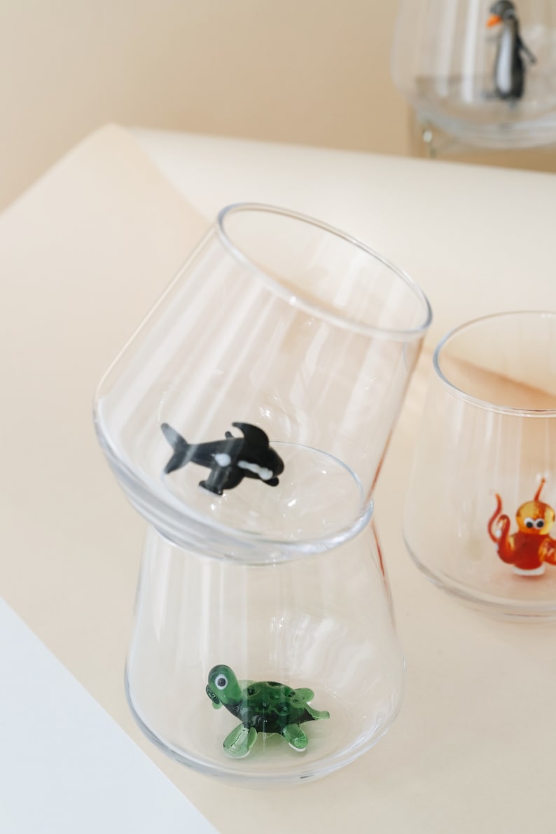 Ocean Animal Glass Set of 6, Handmade Stemless Drinking Glasses ...