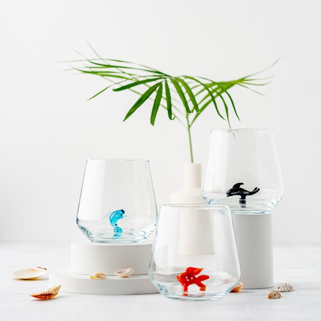 Glassware, Stemless Wine Glass Set With Handmade Animal Figures, Ocean ...