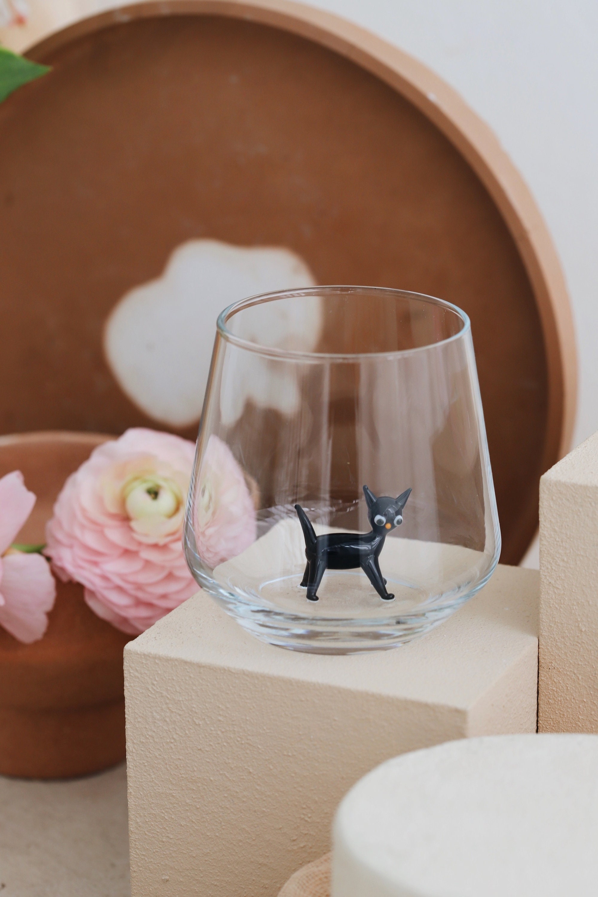 Water Glass With Handmade Cat Figure, Cat Gift, Glassware Set ...