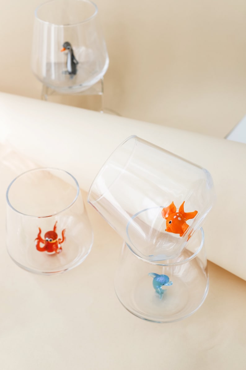 Ocean Animal Glass Set of 6, Handmade Stemless Drinking Glasses ...