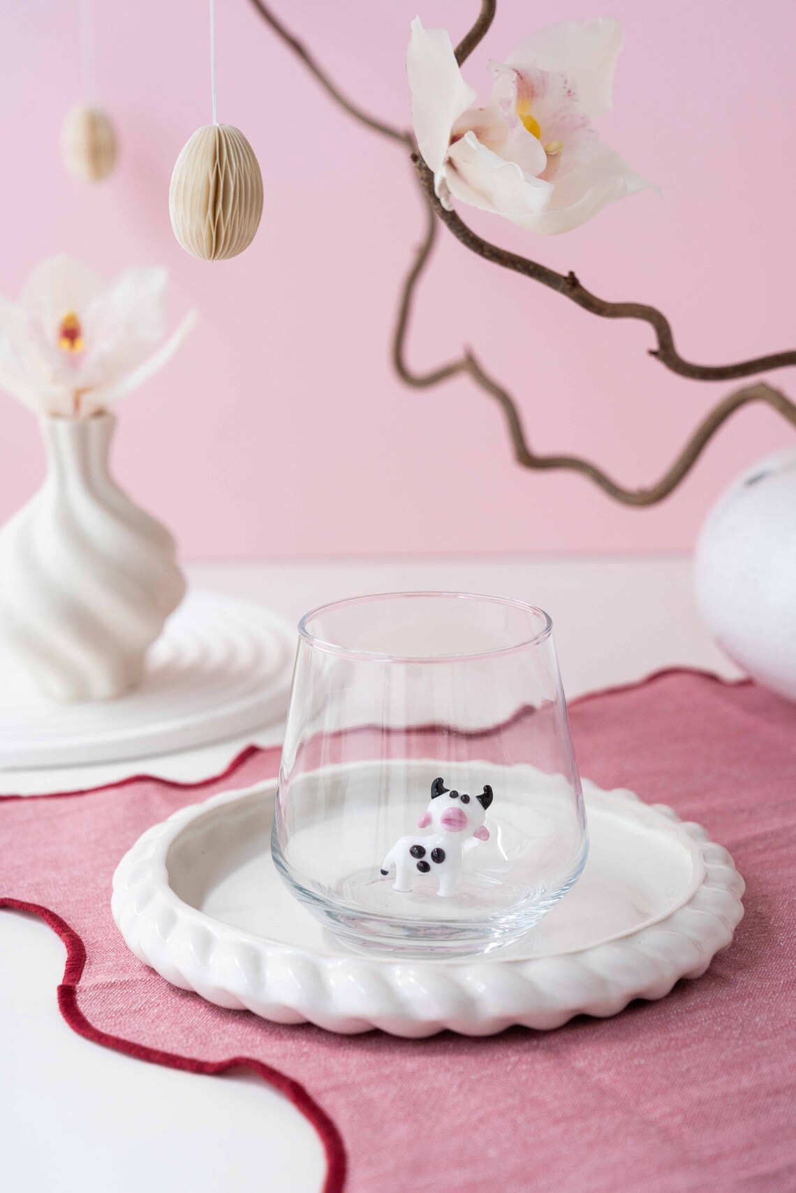 Drinking Glass With Handmade Cow Figurine, Milk Lover Gift, Cow Lover ...