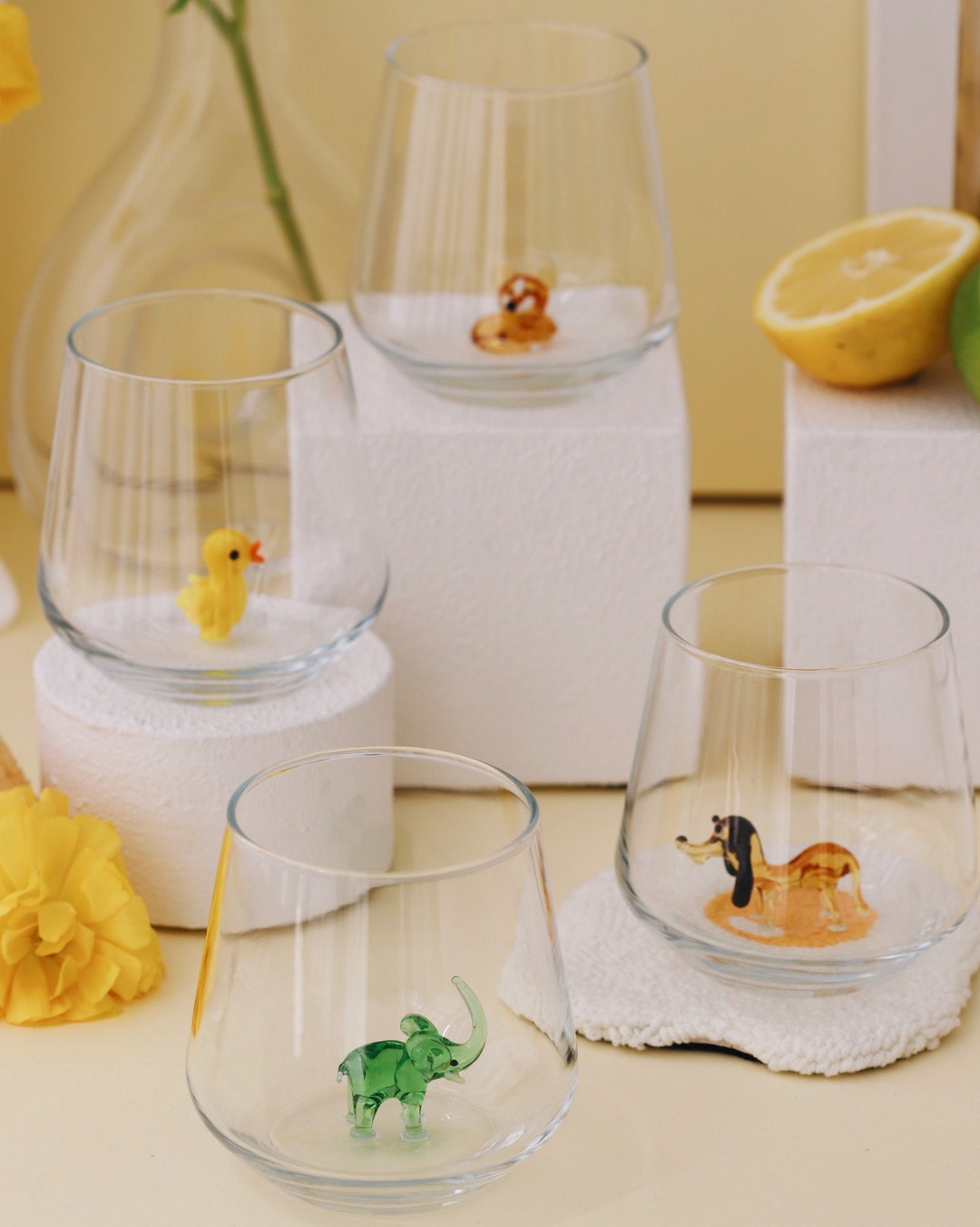 Glassware, Stemless Wine Glass Set of 4 With Handmade Animal Figures ...
