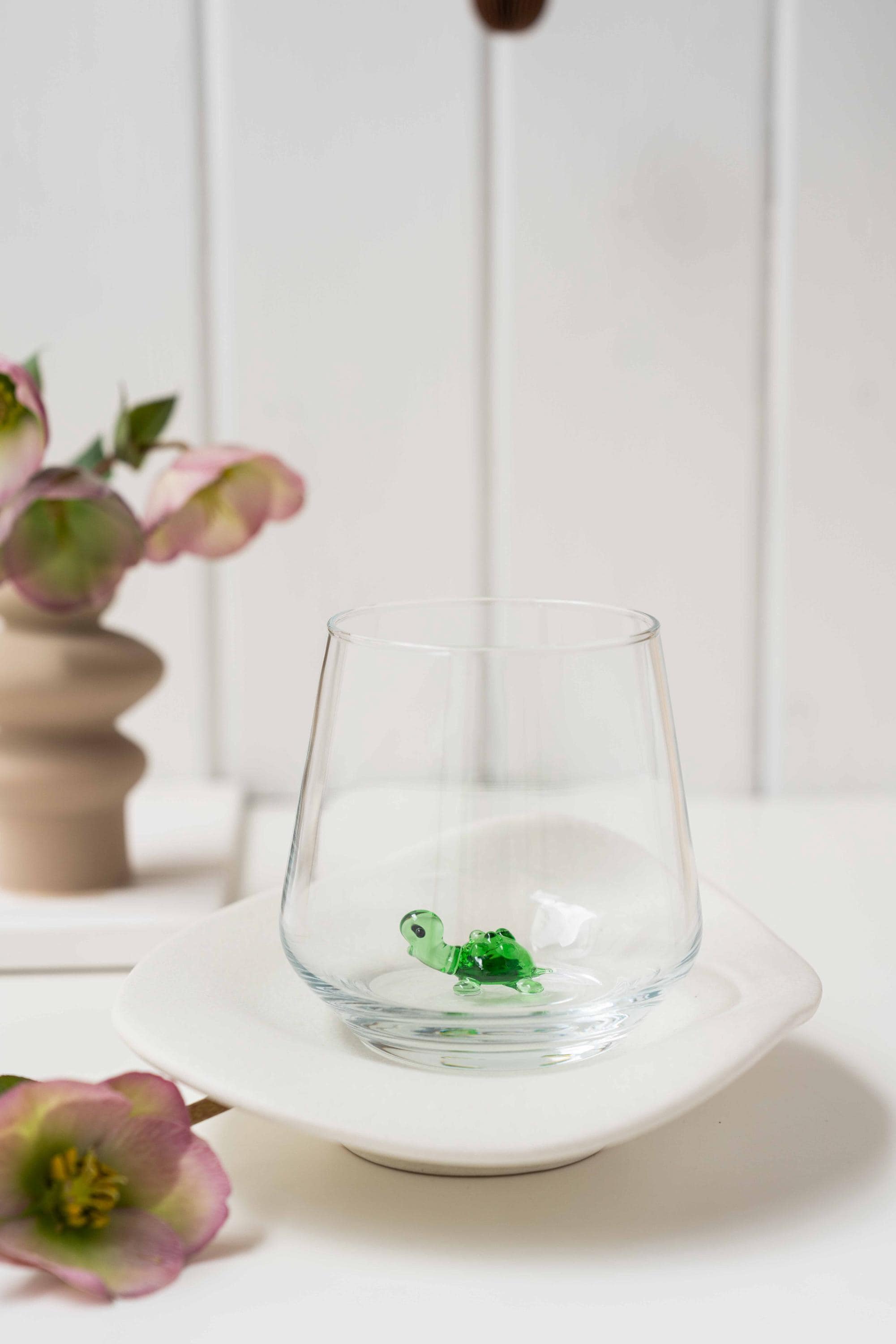 Tiny Handmade Turtle Figurine Drinking Glass, Sea Turtle Stemless Wine ...