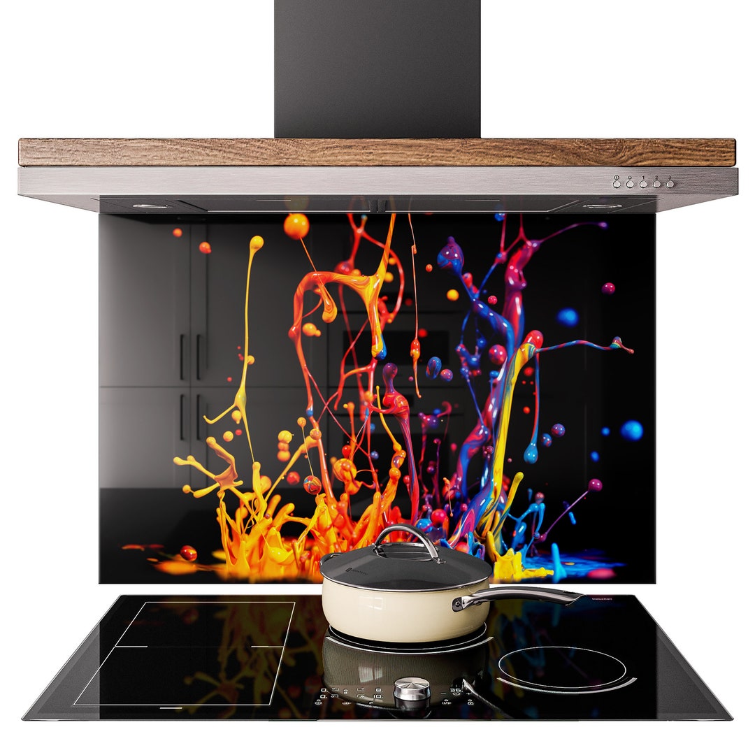 Kitchen Splashback Colorful Paint Splash Abstract Art Tempered Glass ...