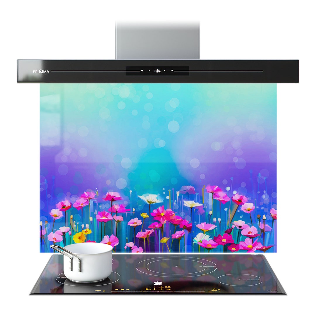 Kitchen Splashback Wild Blue Pink Flowers Meadow Art Paint Tempered ...