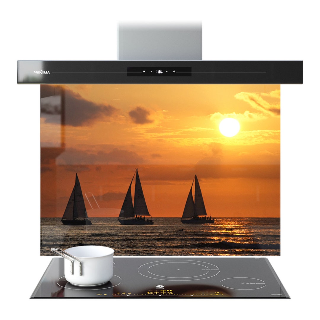 Kitchen Splashback Sea Sunset Dawn Sailboat Water View Tempered Glass ...
