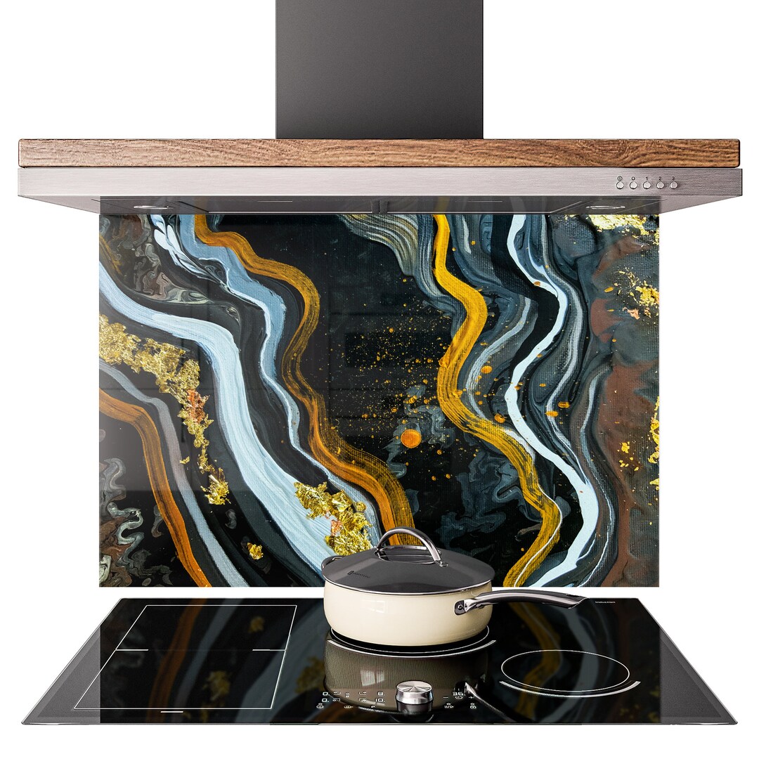 Kitchen Splashback Modern Abstract Blue Gold Flakes Art Tempered Glass ...