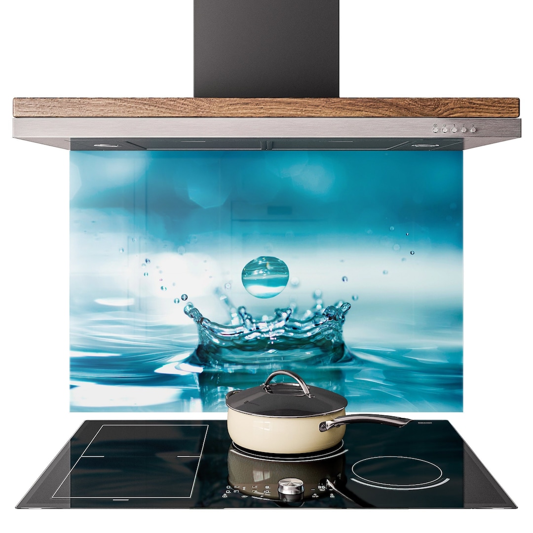 Blue White Water Drop Impact Glass Splashback, Macro Droplet Wall Panel ...